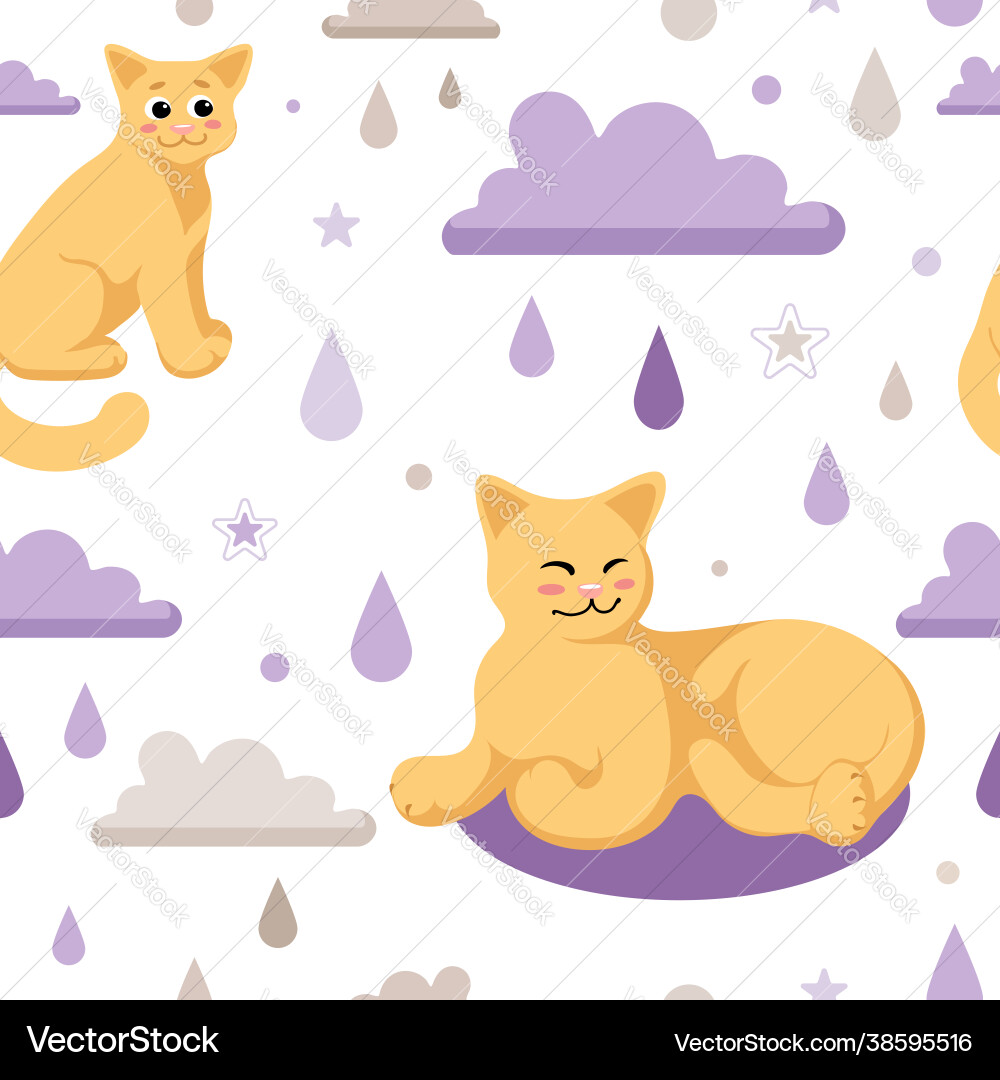 Seamless pattern cute cat purple clouds stars Vector Image