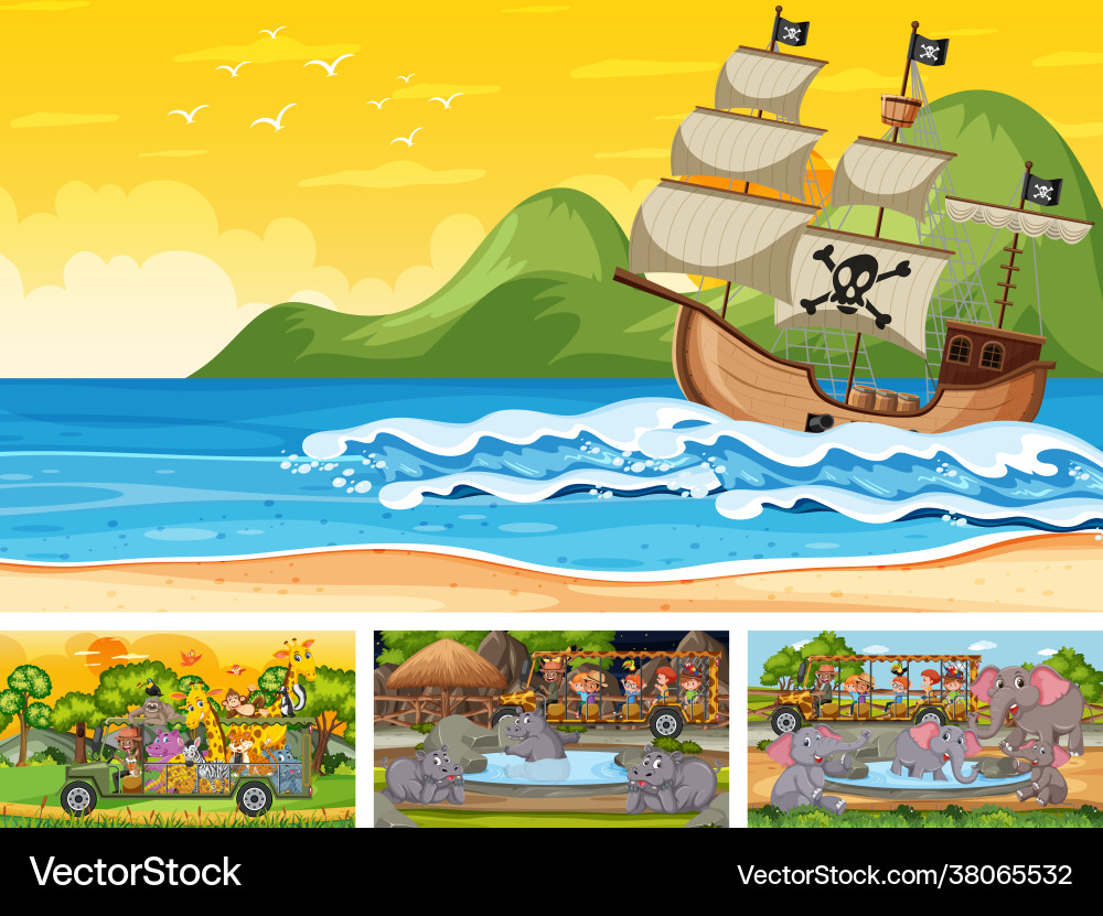 Set different scenes with pirate ship Royalty Free Vector