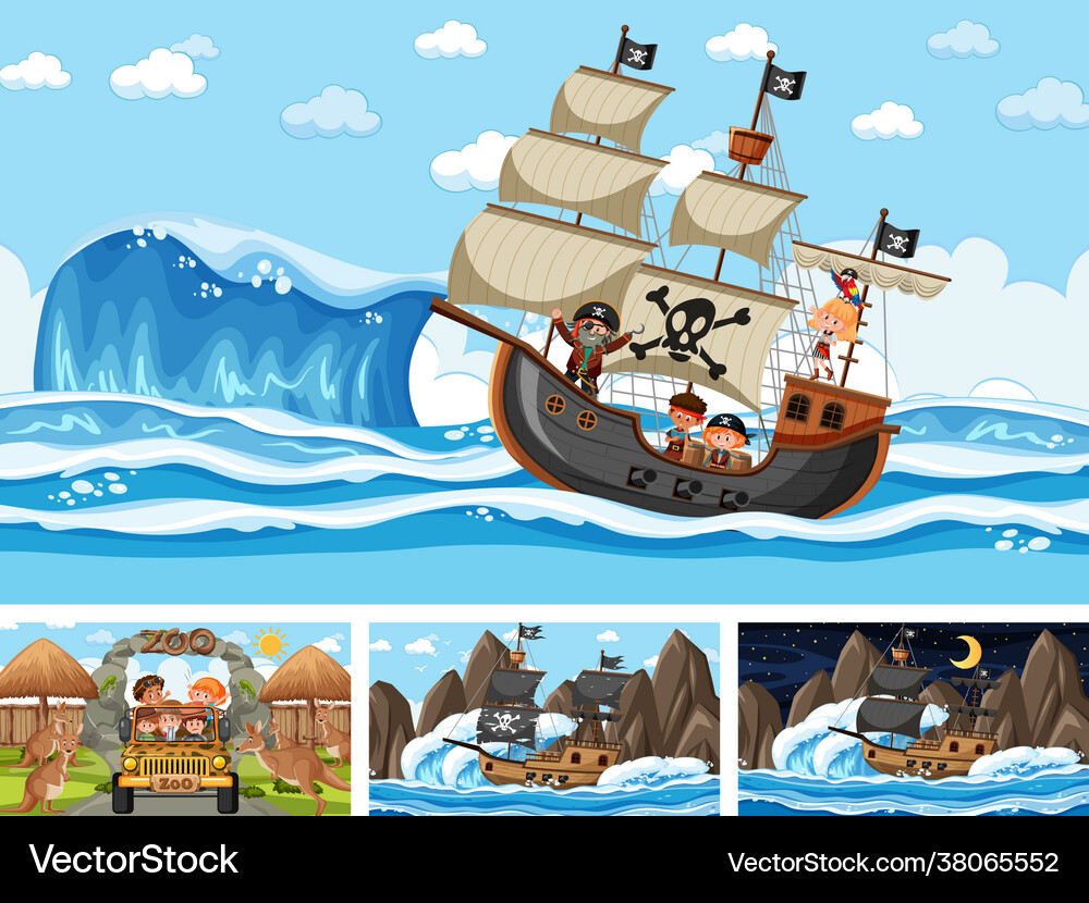 Set different scenes with pirate ship Royalty Free Vector