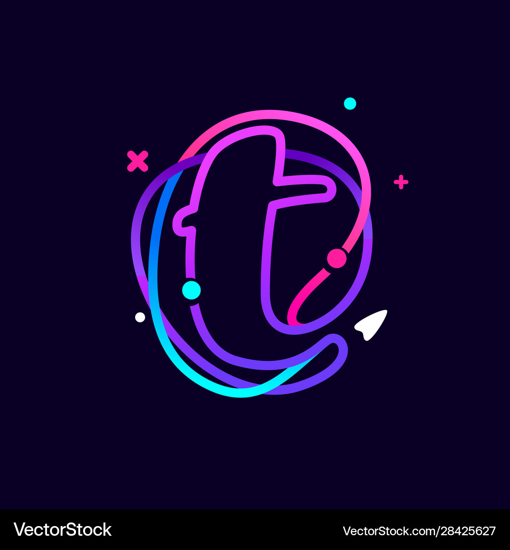 Lowercase t letter logo with planets rocket Vector Image