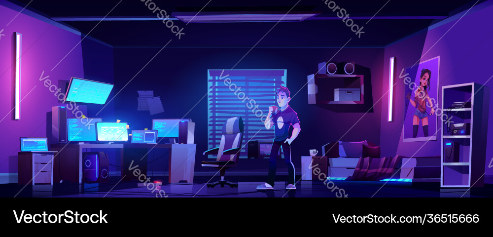 Gamer bedroom with computers at night Royalty Free Vector