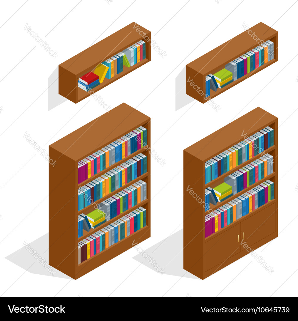 Isometric bookshelfs set Royalty Free Vector Image