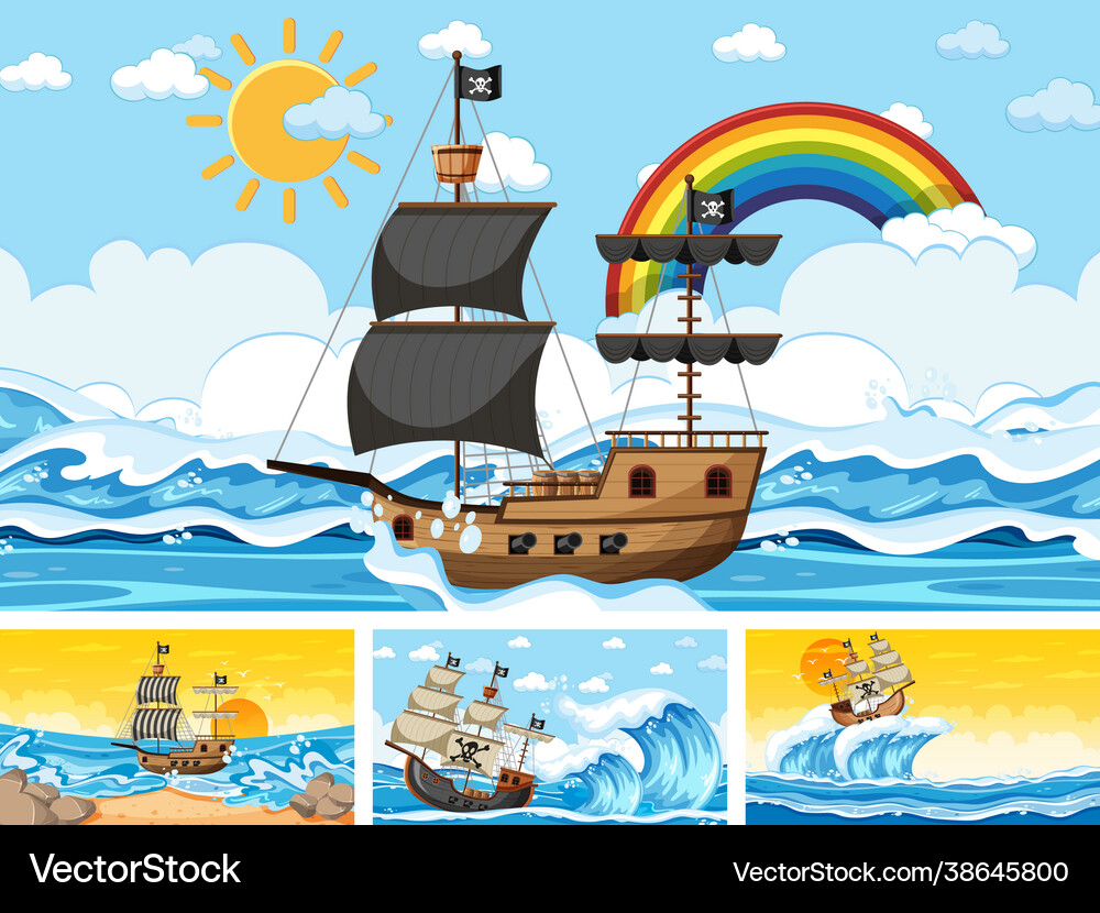 Set different scenes with pirate ship Royalty Free Vector