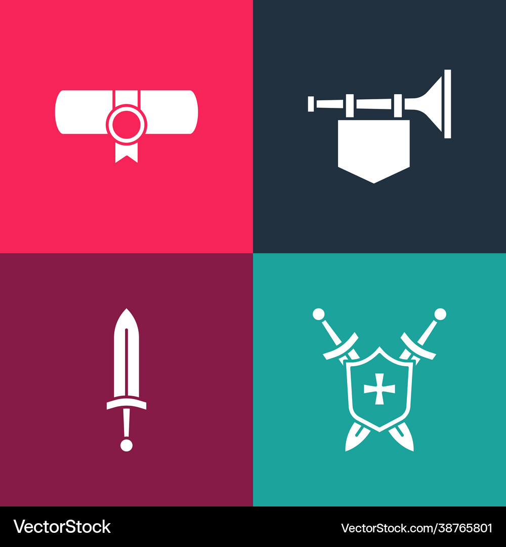 Set pop art medieval shield with swords trumpet Vector Image