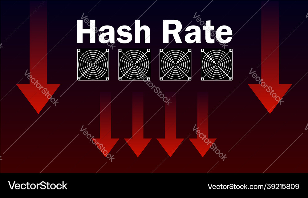 Hash rate fallen red down arrow mining power has Vector Image