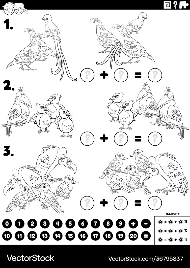 Maths addition educational task with birds Vector Image