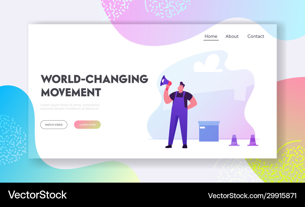 Workman with loudspeaker website landing page Vector Image