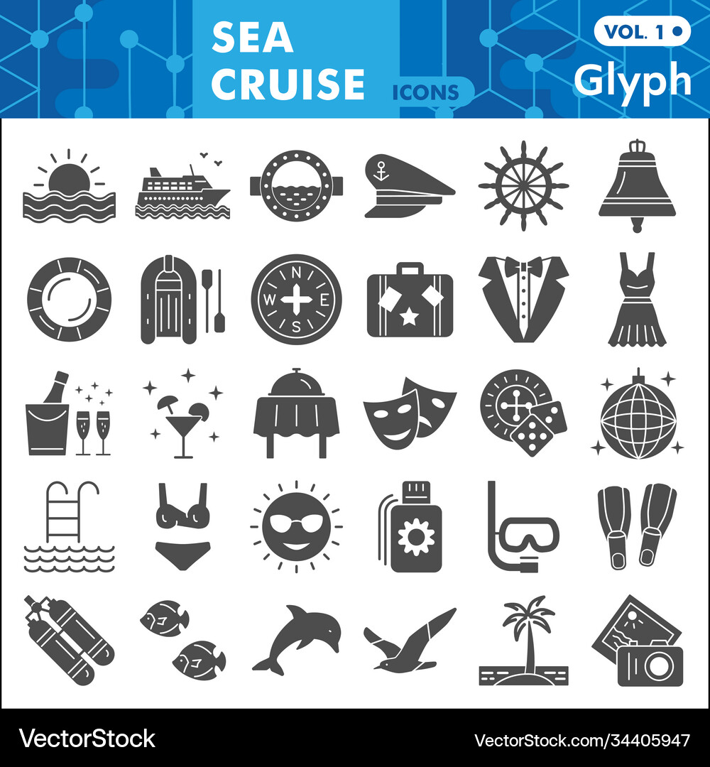 Sea cruise solid icon set voyage symbols Vector Image
