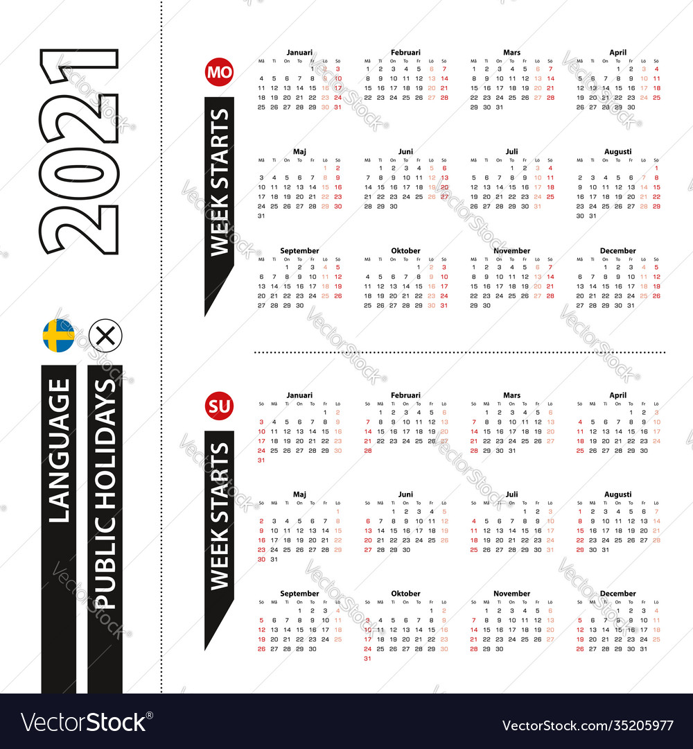 Two versions 2021 calendar in swedish week Vector Image