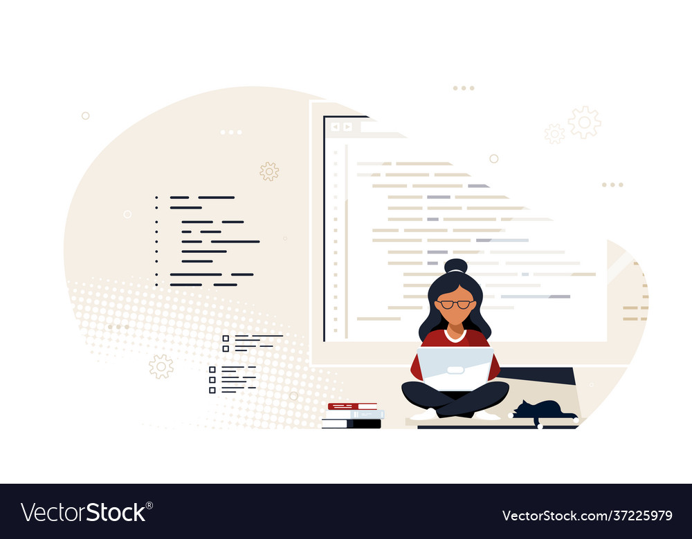 Programmer specialist sitting on big computer Vector Image