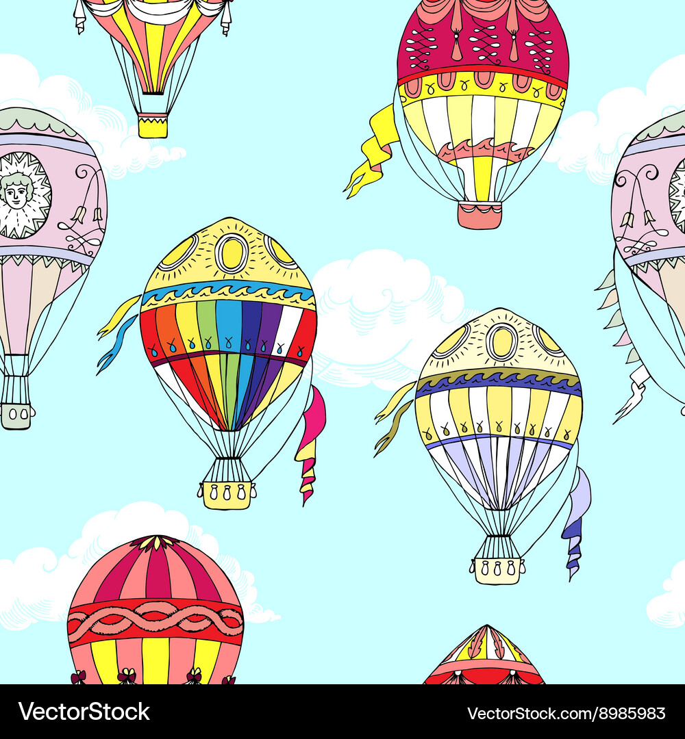 Seamless pattern with clouds and hot air balloons Vector Image