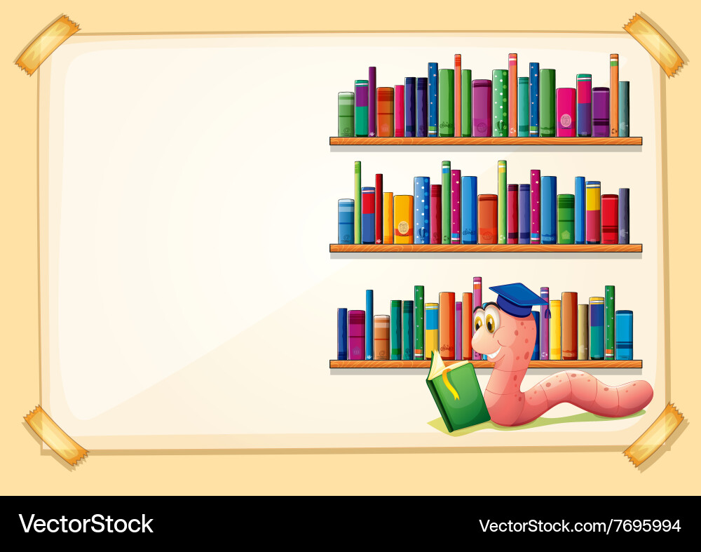 Border design with worm reading book Royalty Free Vector