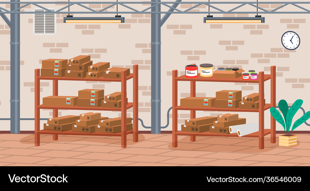 Racks with boxes and color containers cans Vector Image
