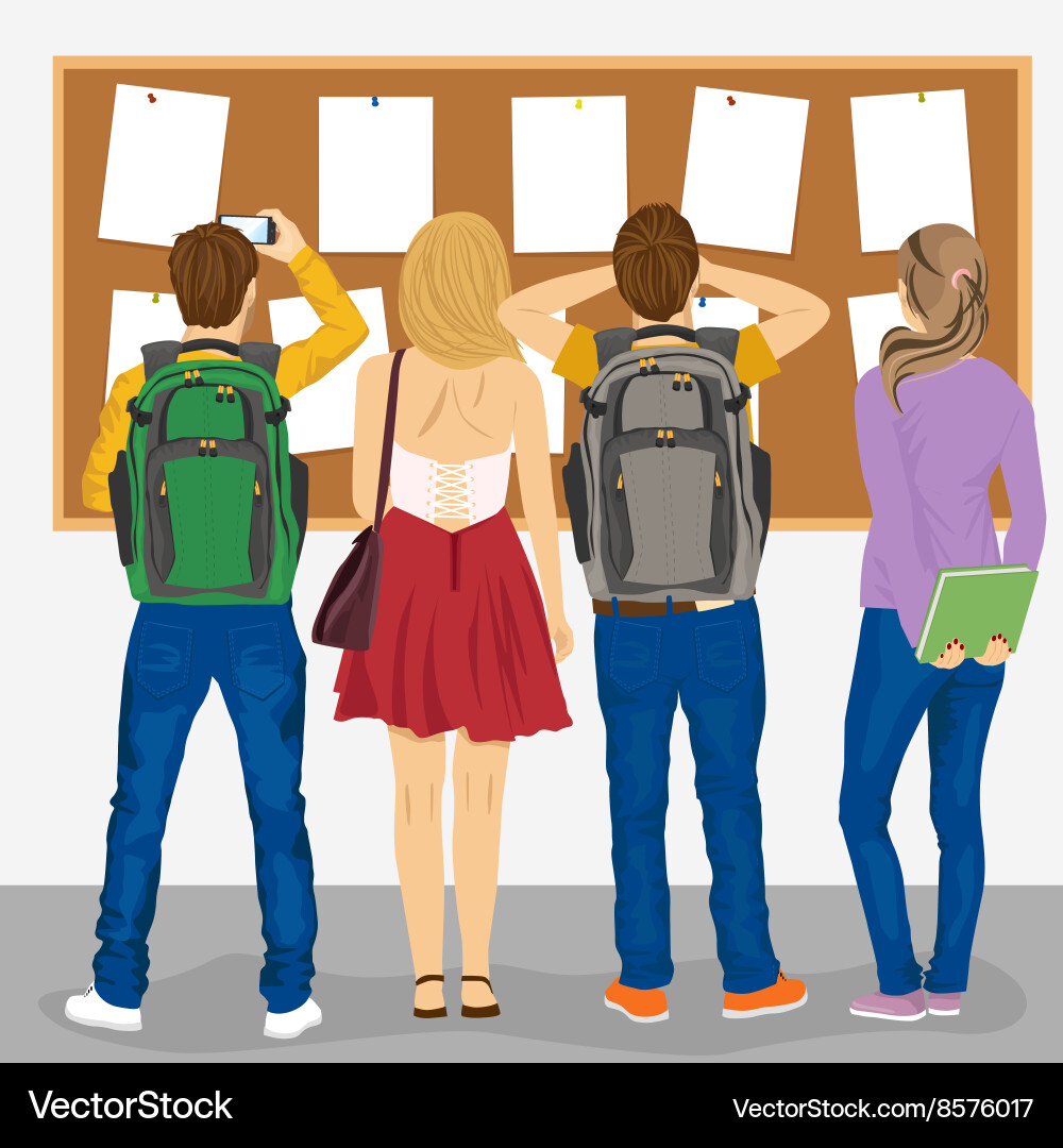 College students looking at bulletin board Vector Image