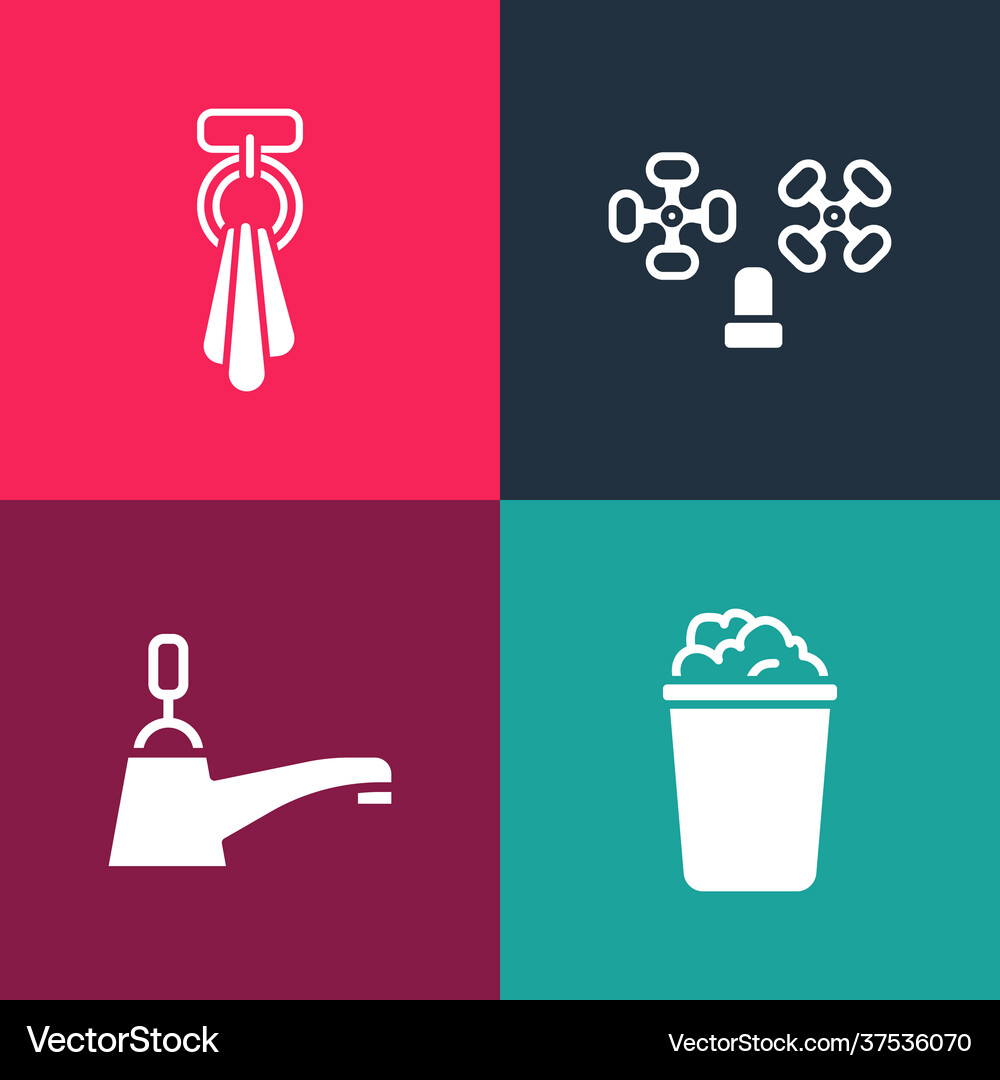 Set pop art bucket with soap suds water tap Vector Image