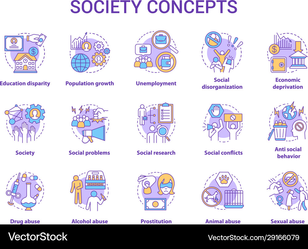 Society concept icons set social issues Royalty Free Vector
