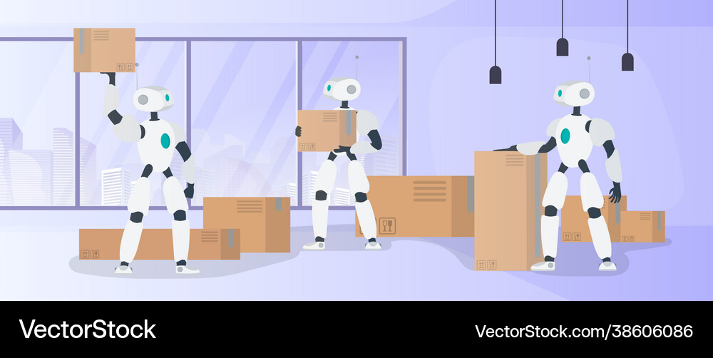 Robots work in a manufacturing warehouse Vector Image