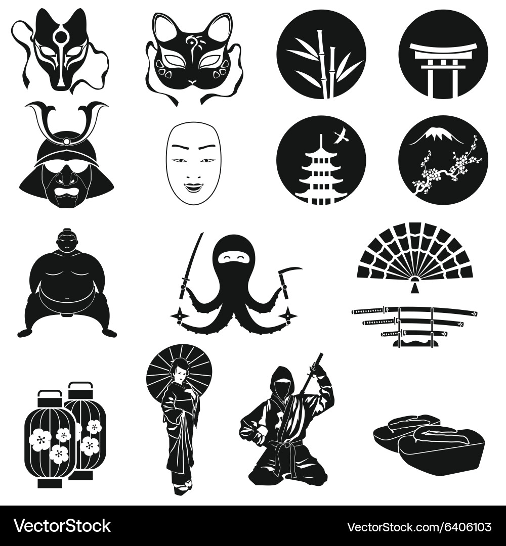 Japan icons set Japanese theme symbols Royalty Free Vector