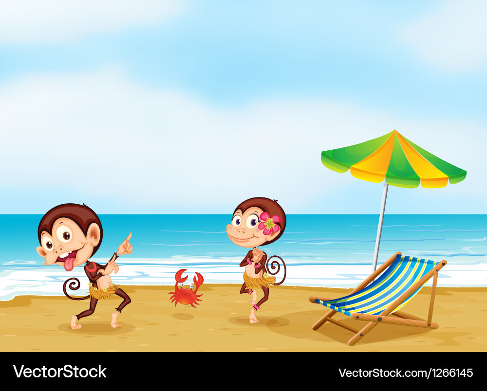 Two monkeys dancing with a little crab Royalty Free Vector