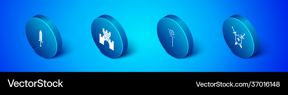 Set isometric medieval sword magic staff shield Vector Image