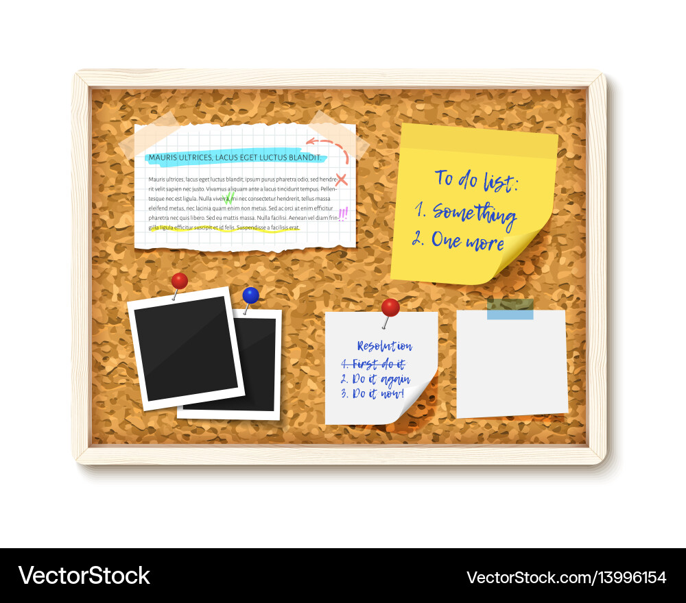 Bulletin board with photos post it notes and torn Royalty Free Vector ...
