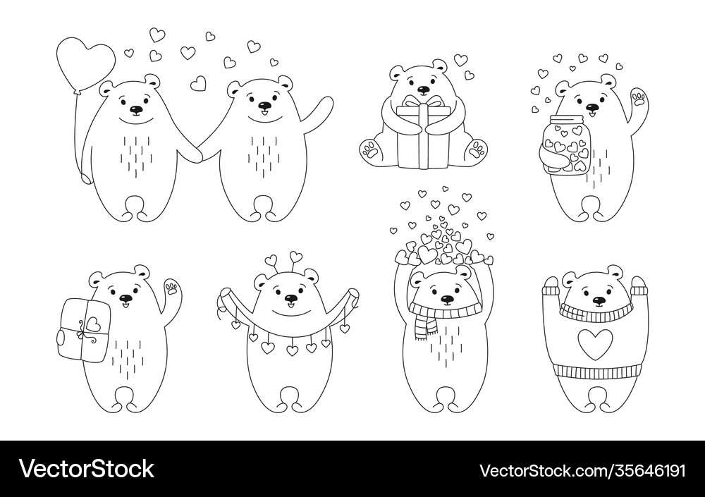 Polar bear line set greeting card valentines day Vector Image