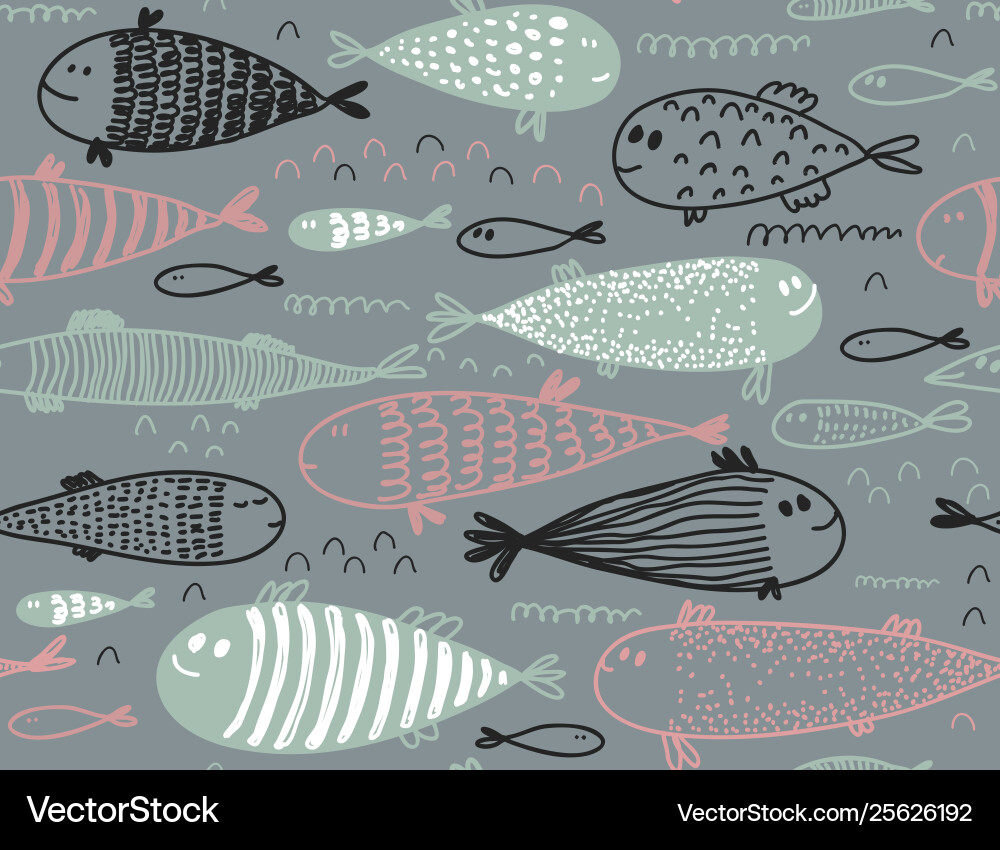 Seamless pattern with hand drawn cute fish Vector Image