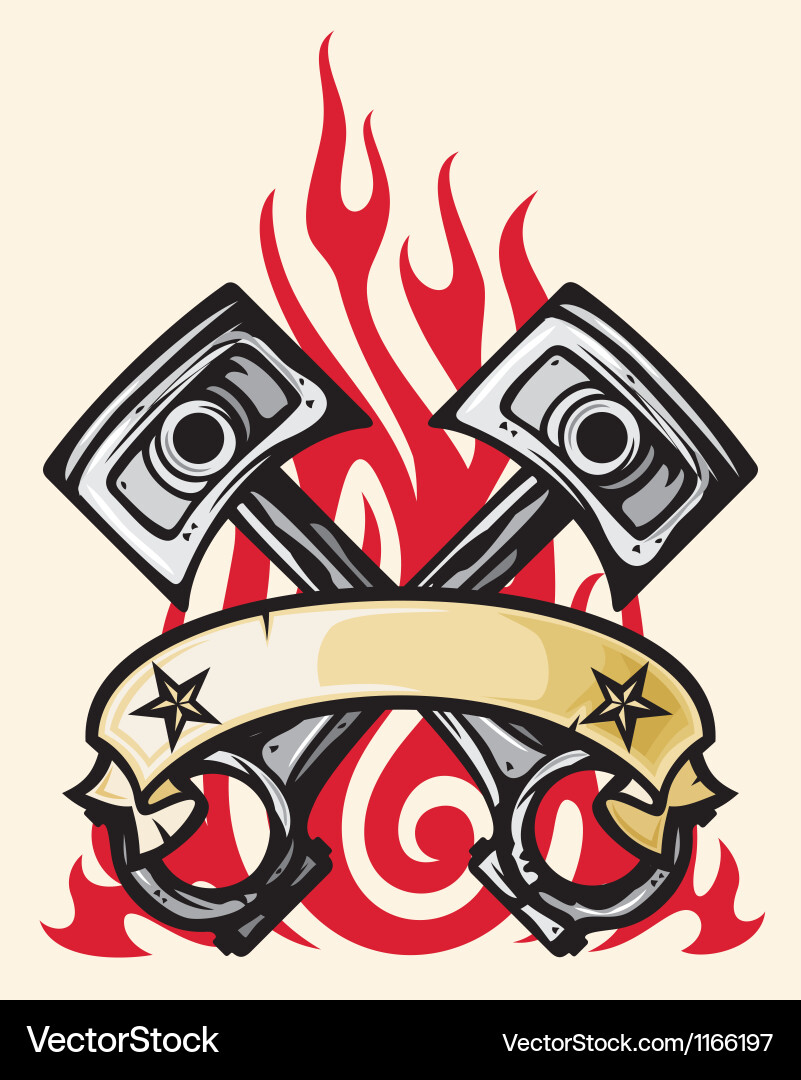 Crossed engine pistons with flame Royalty Free Vector Image