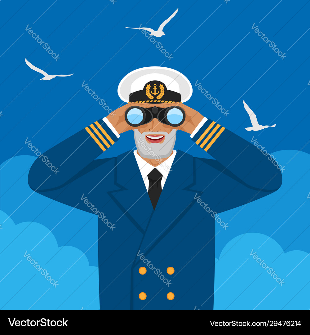 Captain looking through binoculars against cloudy Vector Image