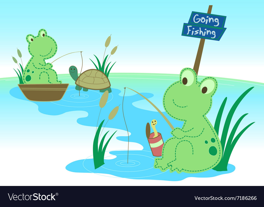 Two frogs fishing in a pond Royalty Free Vector Image