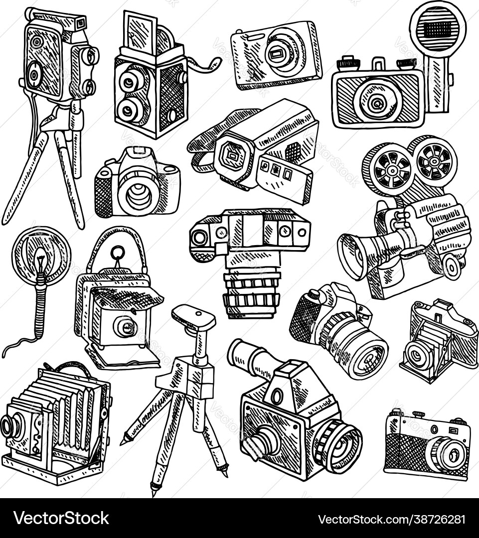 Camera doodle sketch icons set Royalty Free Vector Image