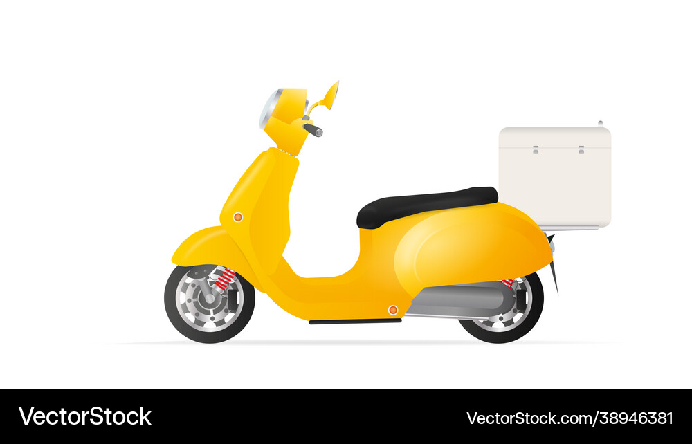 Yellow scooter with refrigerator in back Vector Image