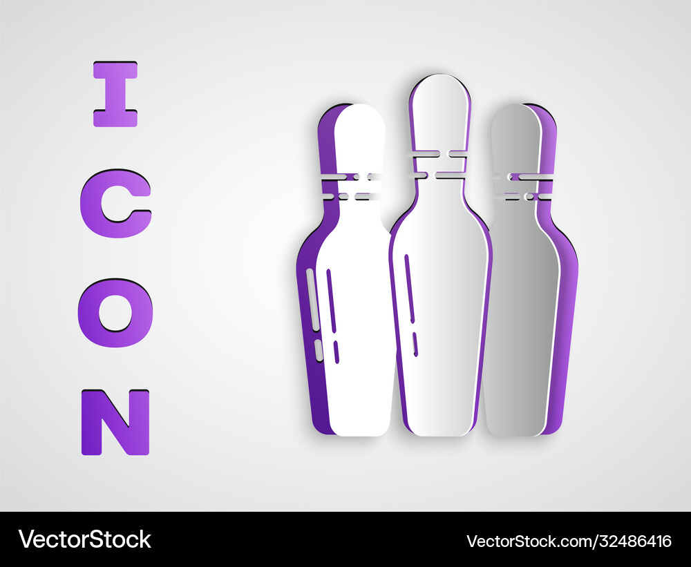 Paper cut bowling pin icon isolated on grey Vector Image