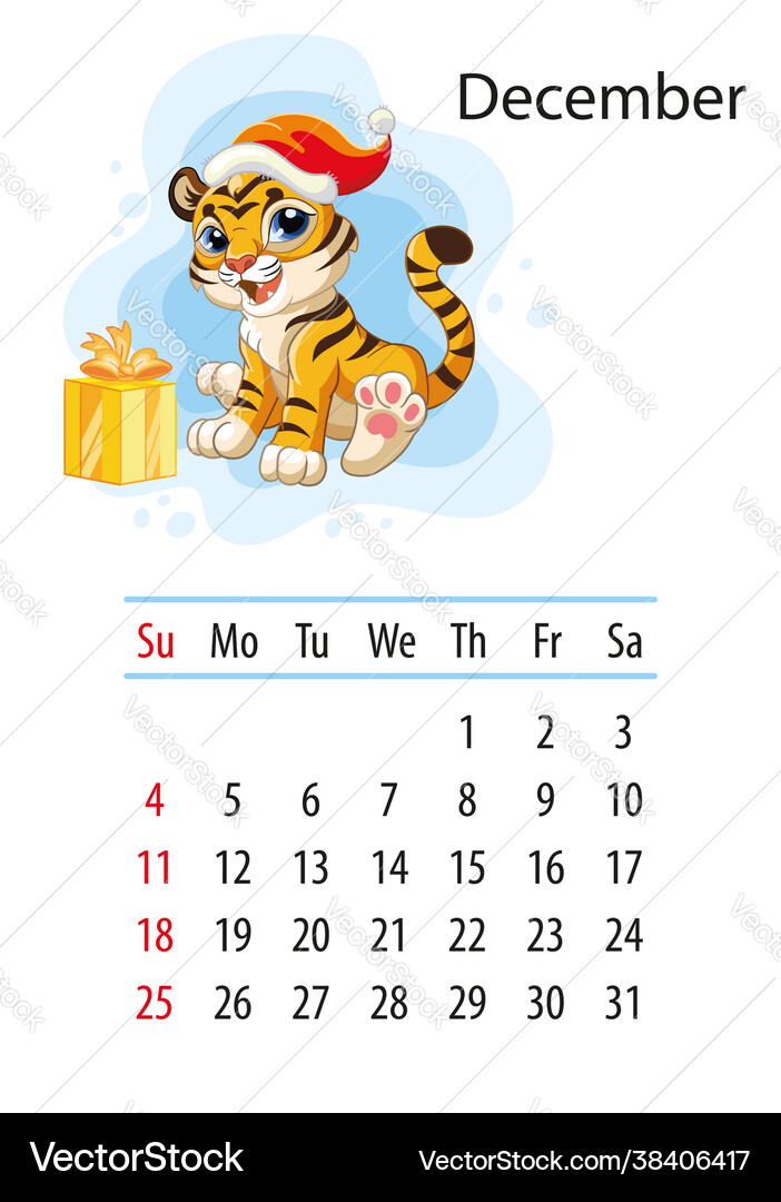 Tiger wall calendar design template for december Vector Image