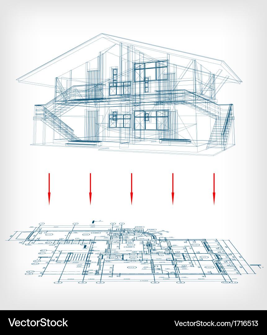 Stylized house model with floor plan Royalty Free Vector