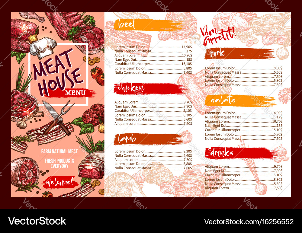 Menu template for fresh meat restaurant Royalty Free Vector