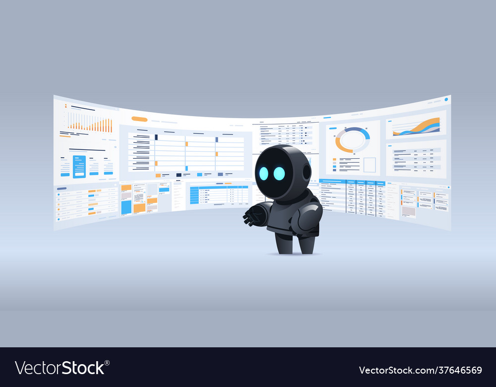 Black robot analyzing statistics financial data Vector Image Black robot analyzing statistics financial data Vector Image