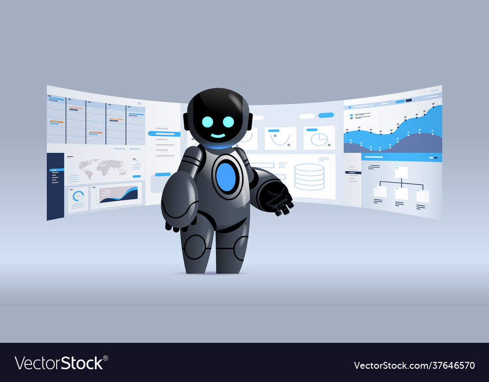 Black robot analyzing statistics financial data Vector Image Black robot analyzing statistics financial data Vector Image