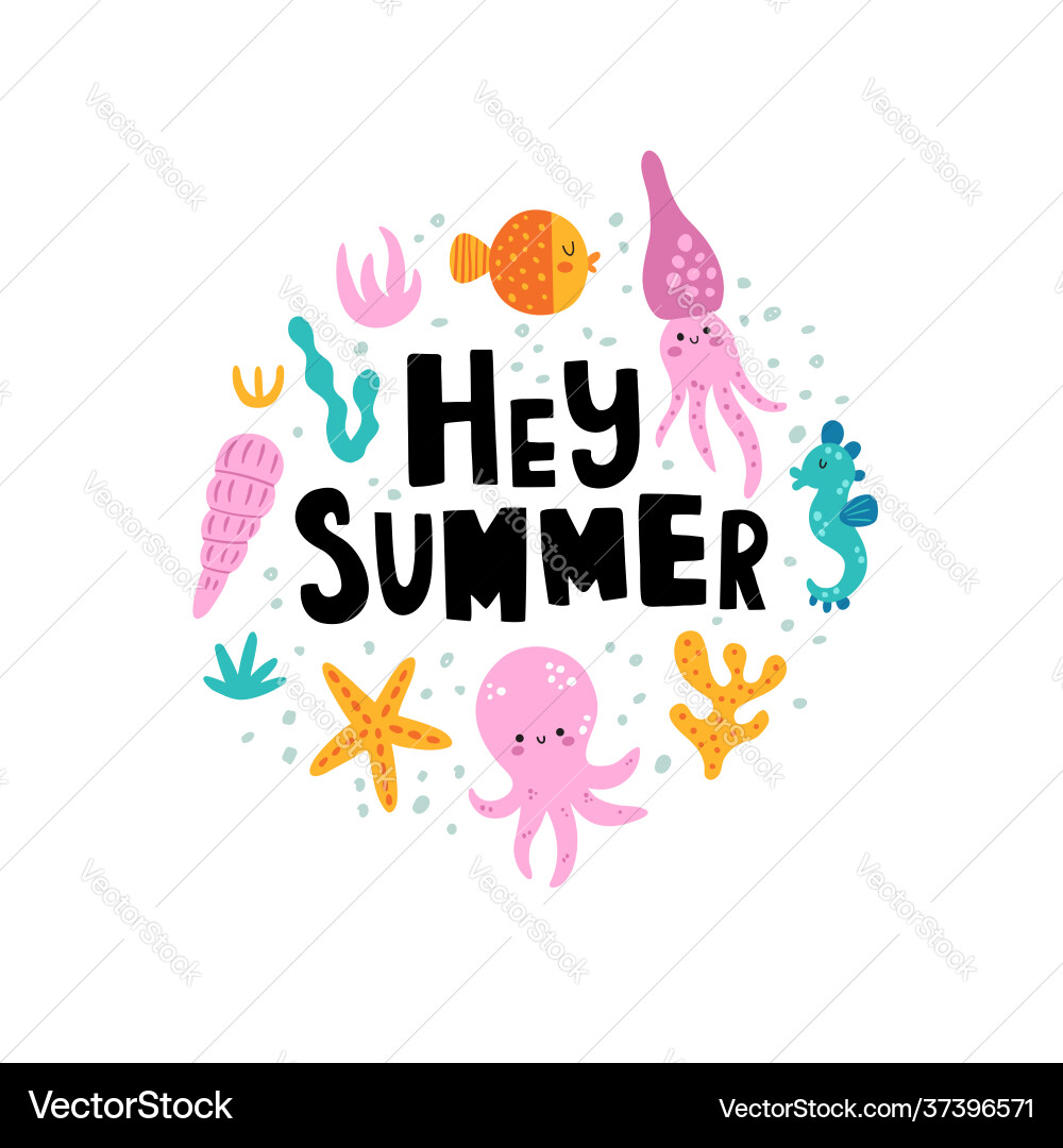 Cute sea characters in circle on white Royalty Free Vector