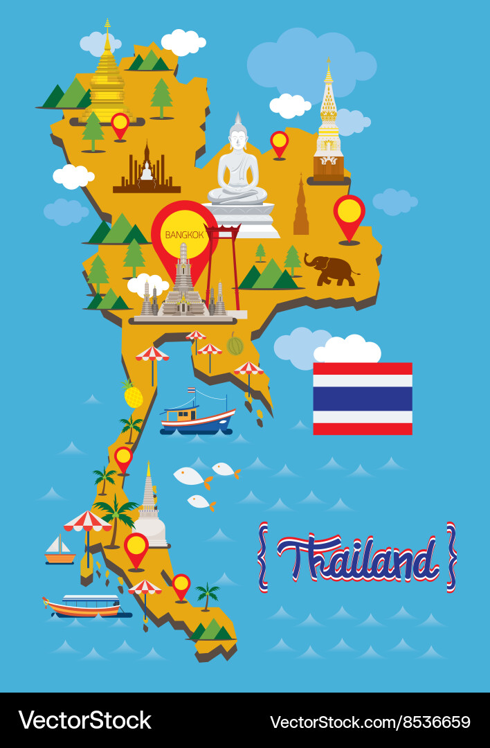 Thailand Map Detail Landmarks Royalty Free Vector Image