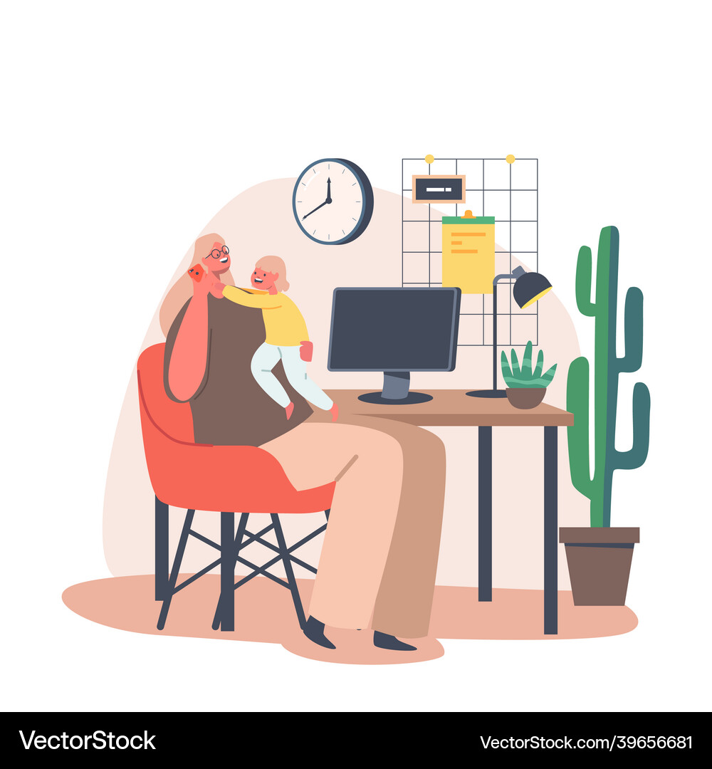 Young mother character work on pc with daughter Vector Image