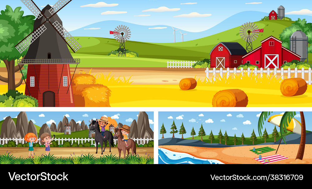Outdoor panoramic landscape scenes set Royalty Free Vector