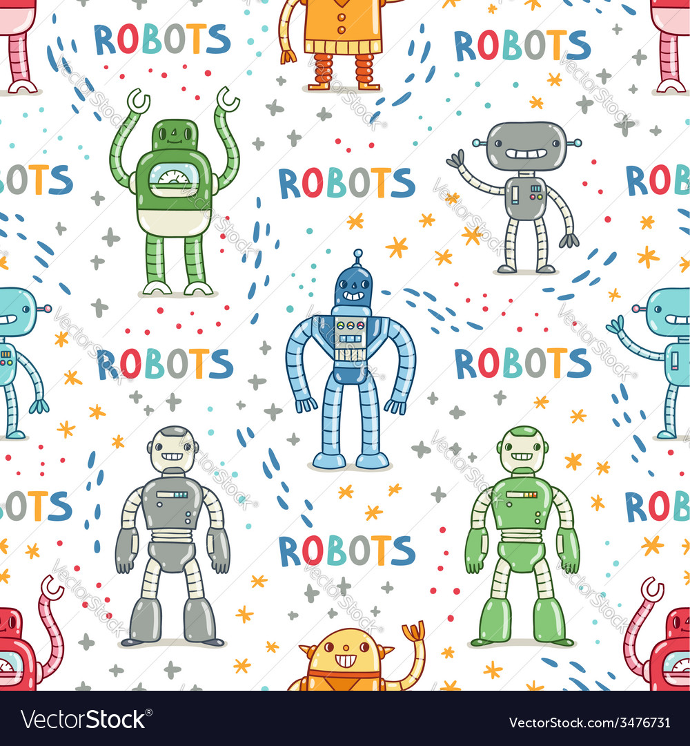 Colorful cartoon robots white background seamless Vector Image Colorful cartoon robots white background seamless Vector Image
