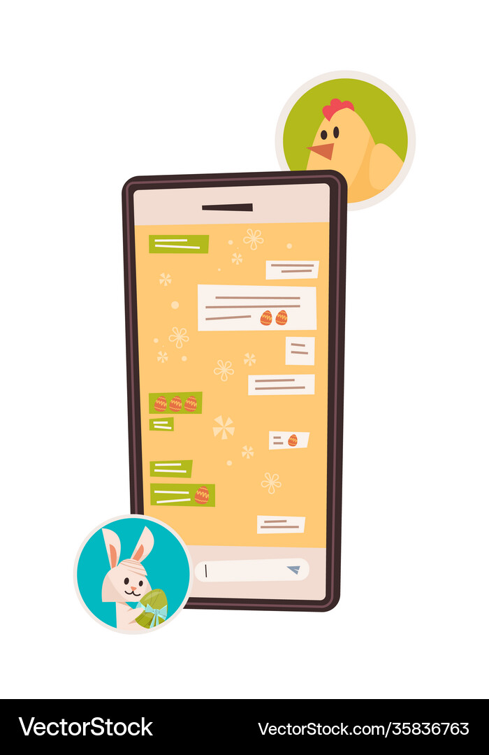 Cute rabbit chatting with chick in mobile app Vector Image