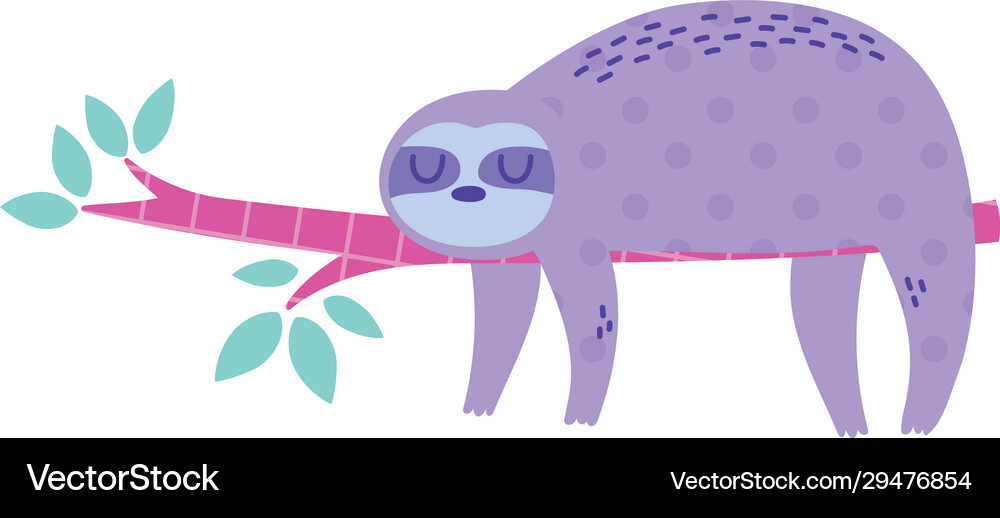 Sloth sleeping on branch tree animal cartoon Vector Image
