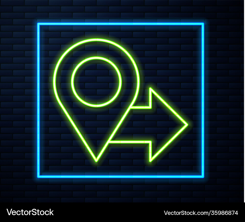 Glowing neon line map pin icon isolated on brick Vector Image