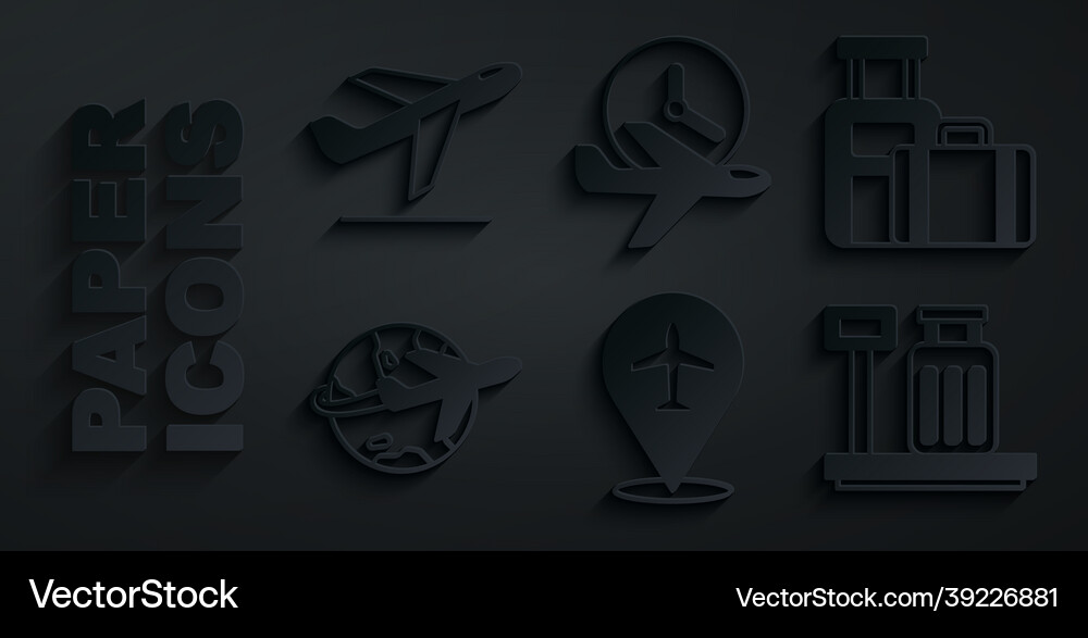 Set plane suitcase globe with flying plane Vector Image