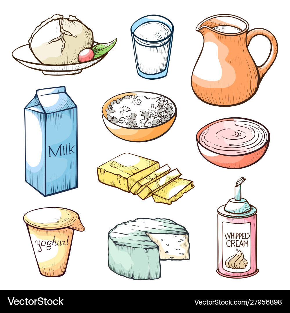 Milk products hand drawn set Royalty Free Vector Image