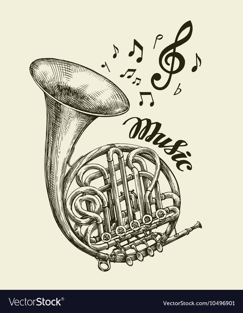 Hand-drawn musical french horn Sketch vintage Vector Image