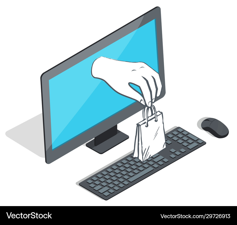 Monitor computer and hand with package Royalty Free Vector
